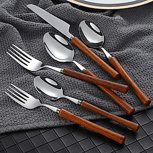 Aimilan 24 Piece wood Silverware Set for 4, 18/10 Stainless Steel Wooden Handle Flatware Cutlery Set for Home Kitchen Restaurant, Mirror Finish, Dishwasher Safe (24-Piece for 4)