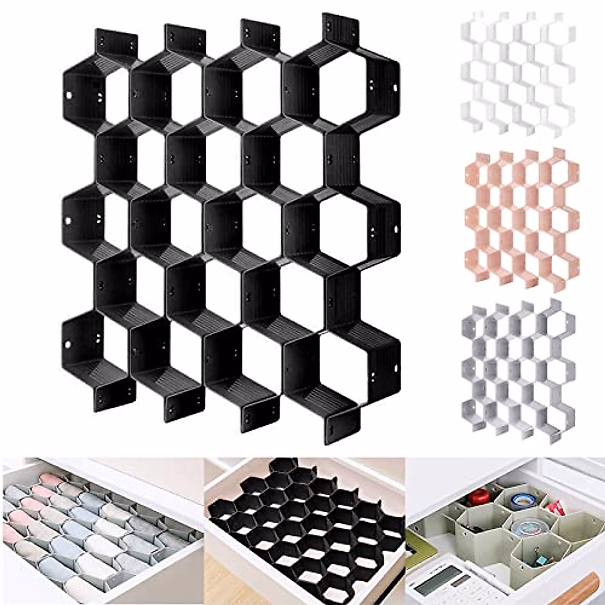 Kocuos Honeycomb Separator Adjustable Drawer Organizer Divider for Underwear Belt-Scarf Socks Organizer (Black)