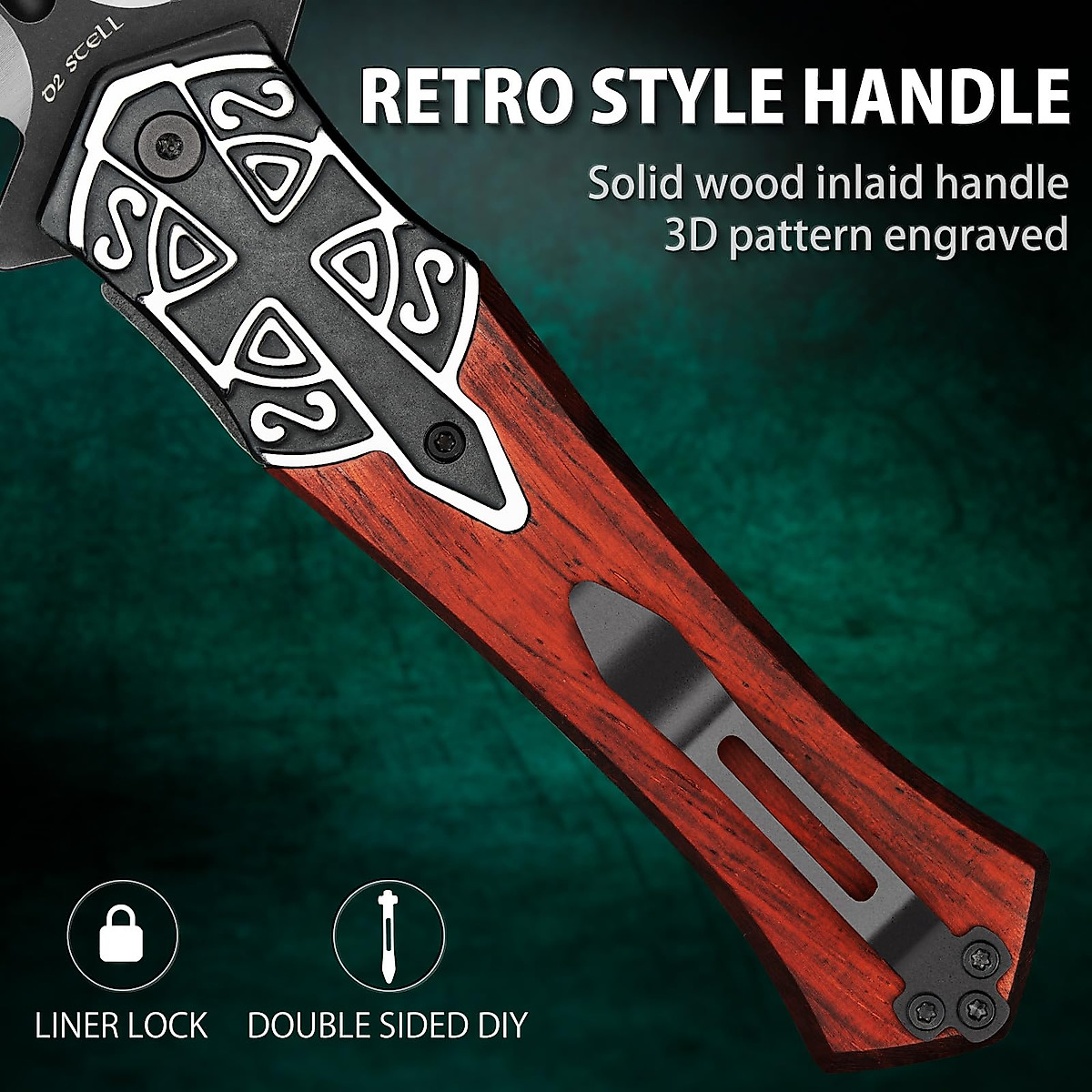 VALHALLA PASTOR 2 Pocket Knife, 3.7'' D2 Steel Cool knives, 3D Retro Embossed Folding Knife with Wooden Inlay, Pocket Knife For Men, Liner Lock, Gift for men women