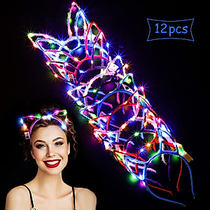 LED Cat Ears Headband,Aniwon12PCS Light Up Headband Cute Cat Ear Rabbit Ear Unicorn Headband Luminous Led Headband for Women Girls Kids Led Hair Accessories Christmas Halloween Party Supplies
