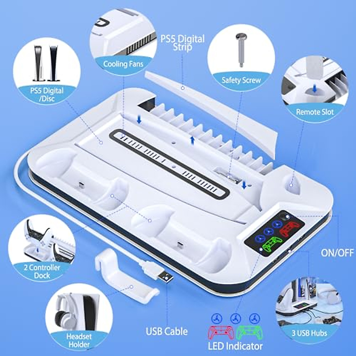 Cooling Station with Dual Controller Charging Station for PS5, Upgraded Accessories Vertical for PS5 Stand, 3-Levels Cooling Fan, 3 USB Hub and Headset Holder for Playstation 5 Disc/Digital Edition