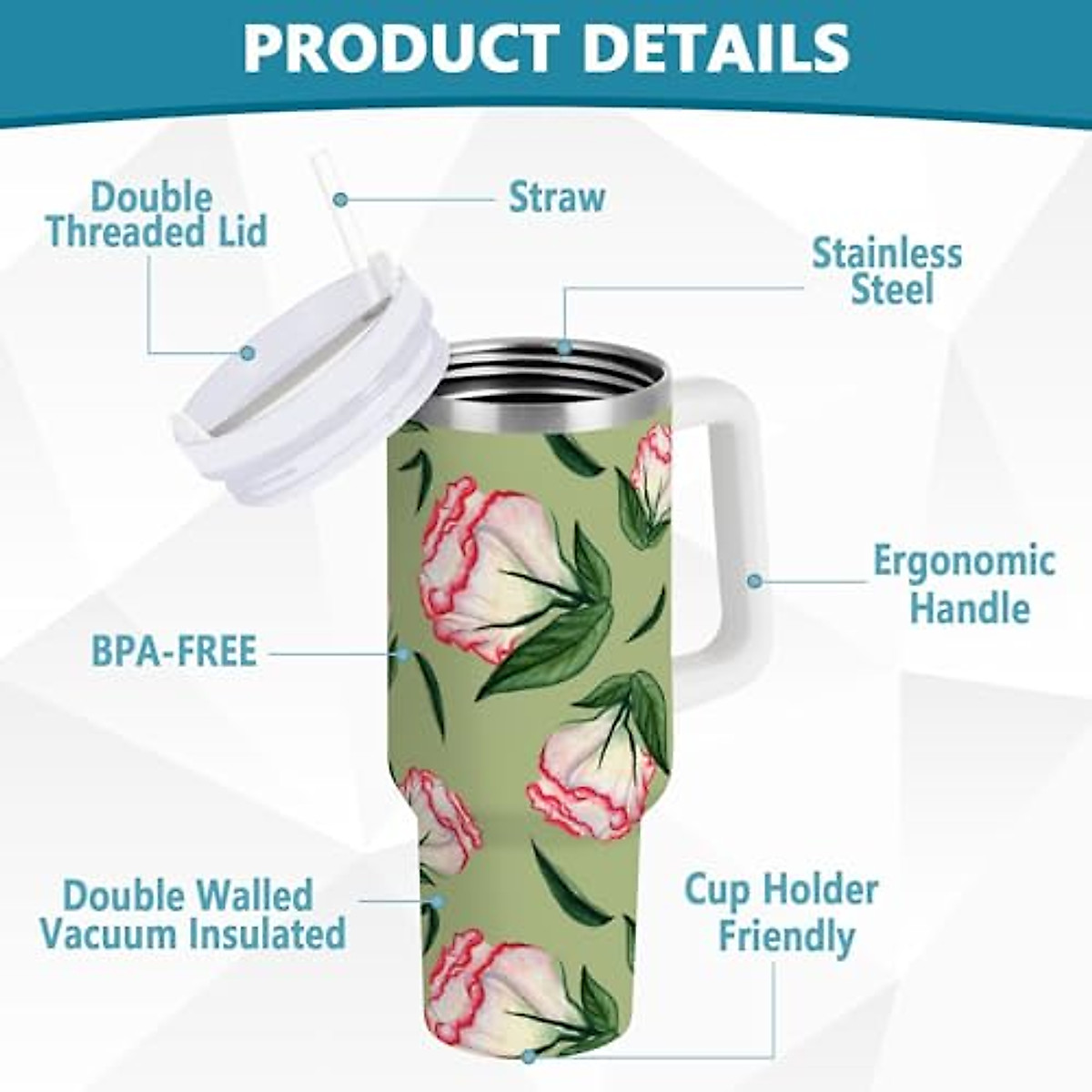 Adornlife Flower Rose Green 30 oz Tumbler with Handle and Straw Lid, 100% Leak-proof Travel Coffee Mug, Stainless Steel Insulated Cup For Beverages, Cupholder Friendly