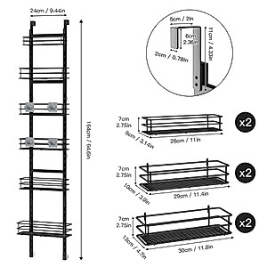 Mystozer 6-Tier Over The Door Pantry Organizer with 6 Adjustable Baskets and 4 Hooks, Metal Hanging Spice Rack, Black