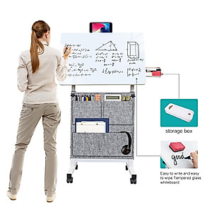 KOUPA Adjustable Height Standing Desk, Writable Tempered Glass Desktop with Eraser, 360° Flip, Wheels and Bag– Ideal for Small Spaces and Home Offices, 24 in, White(Adjustable Height: 32-47 in)