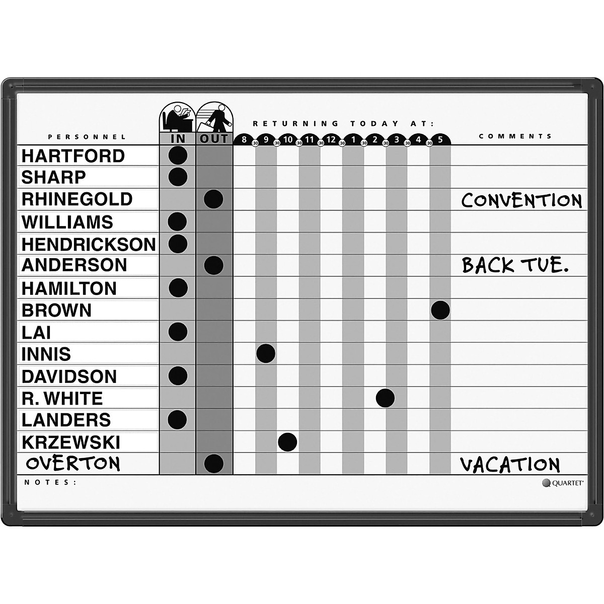 Quartet Grey DuraMax Porcelain In/Out Personnel Board System, 15 Names, 18 x 24 Inches, Black Aluminum Frame (781G)