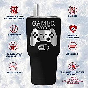 Gaming Mugs for Men - Gamer Mode ON - 30oz Stainless Steel Tumbler with Lid and Silicone Straw | Funny Gifts For Gamers Idea Gamer Cup - Video Gamer Mug Boys - Nerd Gifts
