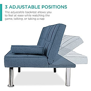 Best Choice Products Linen Upholstered Modern Convertible Folding Futon Sofa Bed for Compact Living Space, Apartment, Dorm, Bonus Room w/Removable Armrests, Metal Legs, 2 Cupholders - Blue