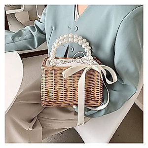 QUUL Lace Purses Handbags Women Summer Rattan Handmade Tote Bags Ladies Ribbons Beach Basket Bag Pearl Beads
