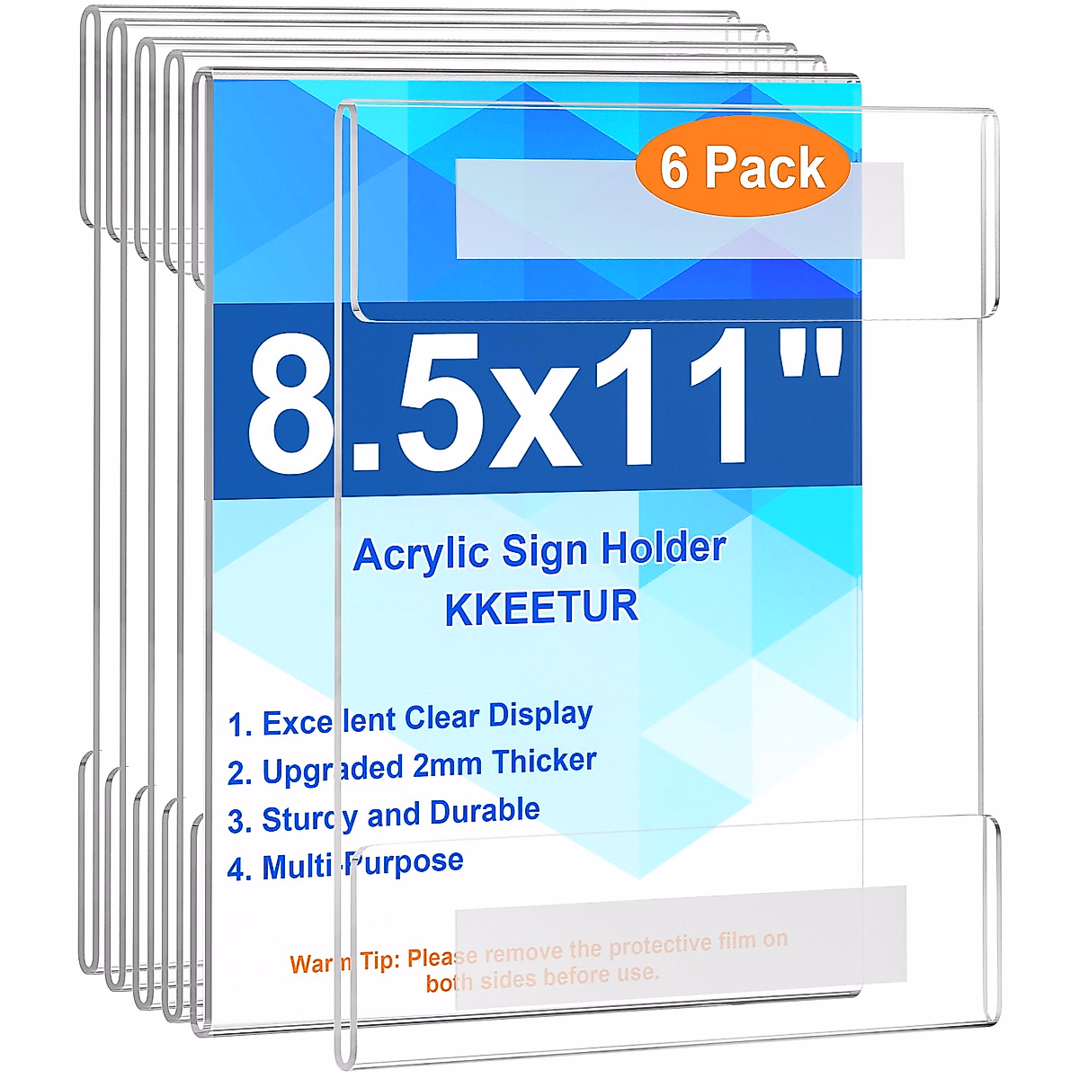 KKEETUR Acrylic Sign Holder 8.5 X 11 Wall Mount, 6 Pack Plexiglass Clear Wall Sign Holder, Premium Frame Plastic Door Sign Holders with 12 Pcs Double Sided Tape Adhesive (No Drilling)
