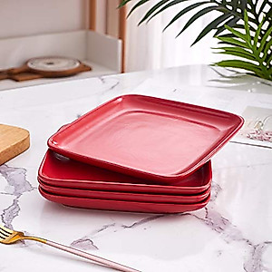 Bruntmor 8 inch Ceramic Dinner Plates- Set of 4, Porcelain Pasta Salad Plate Set For Kitchen, Dinnerware Dish Set, Dishwasher & Microwave Safe - Red
