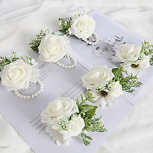 Jieowvhc Ivory White Rose Wrist Corsage for Wedding, Set of 6 Prom Flower Corsage Wristlet Wristband for Women Girls Bride Bridesmaid Artificial Rose Hand Flowers for Homecoming Ceremony Anniversary P