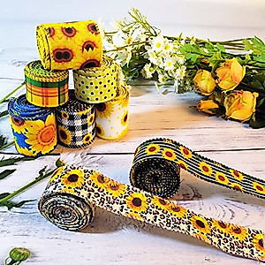 Kuscul 8 Rolls 32 Yards Sunflower Wired Ribbon Fall Autumn Wired Edge Ribbon Thanksgiving Fabric Decorative Ribbon for Gift Wrapping Hair Bow Sewing Crafts Wreath, 2.5in/ 1.5in