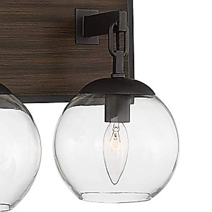 Possini Euro Design Webly Industrial Rustic Wall Light Gunmetal Faux Wood Hardwired 20" 3-Light Fixture Clear Glass Globe Shade for Bedroom Bedside Bathroom Vanity Living Room Hallway Dining House