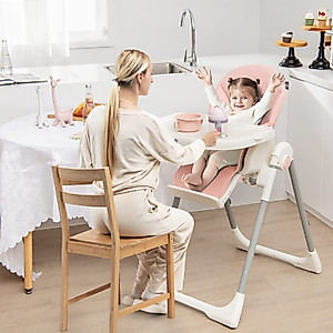 BABY JOY Baby High Chair, Foldable Highchair w/Toy Bar, 7 Heights, 4 Reclining Angles, Adjustable Footrest, Removable Double Tray, PU Cushion & Lockable Wheels for Babies Toddlers, 6-36 Months (Pink)