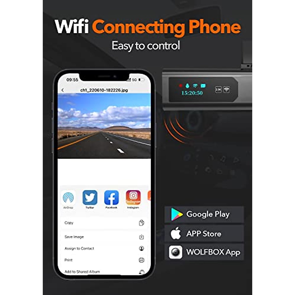 WOLFBOX 2.5K Dash Cam WiFi, 1600P Dash Camera for Cars, Full HD i03 Car Camera Front, Dashcam with Loop Recording, APP Control, Night Vision, 24 Hours Parking Monitor, Support 64GB Max