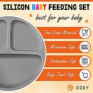 OZEY Silicone Baby Feeding Set: 100% Food Grade Baby Bib, Toddler Suction Plates and Bowls Set, Spoon, Fork, Cup, Straw-Baby Led Weaning Supplies (Grey), Small, Gray, 12232