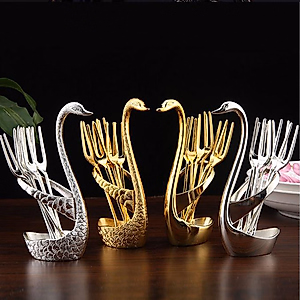 Coffee Dessert Spoon Set,Teaspoon Fruit Dessert Flatware Swan Base Holder Metal Coffee Spoon Organizer with 6pcs Coffee Dessert Sugar Ice Cream Spoons for Coffee Fruit Dessert Ice Cream Cake (Gold)