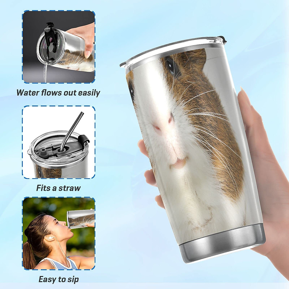 Yasala Tumbler Guinea Pig Cute Insulated Coffee Cup Beverage Container Office Travel Mug with Straw and Lid 20oz Holiday Back to School Gift