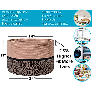 24" x 24" x 17" Max Size Large Cotton Rope Basket, Extra Large Storage Basket, Woven Laundry Hamper, Cloth Storage Bin, for Blankets Clothes Towels Pillows in Living Room, Beige Red/Black Mix