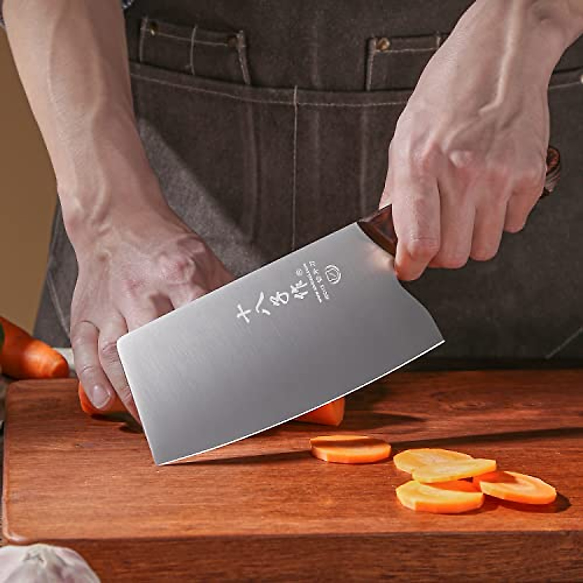 SHI BA ZI ZUO Chinese Knife Vegetable Meat Knife 6.7-inch Stainless Steel Slicer Cleaver, Wooden Handle with Moderate Weight