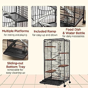 PawHut 6 Level Small Animal Cage for Dwarf Rabbits, Pet Minks, and Chinchillas w/Removable Tray, Ramp, Water Bottle, Food Dish, Small Pet Cage for Indoor Use, Black