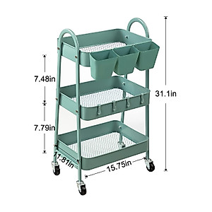 danpinera 3-Tier Rolling Cart, Metal Rolling Storage Cart with Lockable Wheels & Hanging Cups & Hooks, Mobile Trolley Cart for Kitchen, Bathroom, Office, Workshop, Green