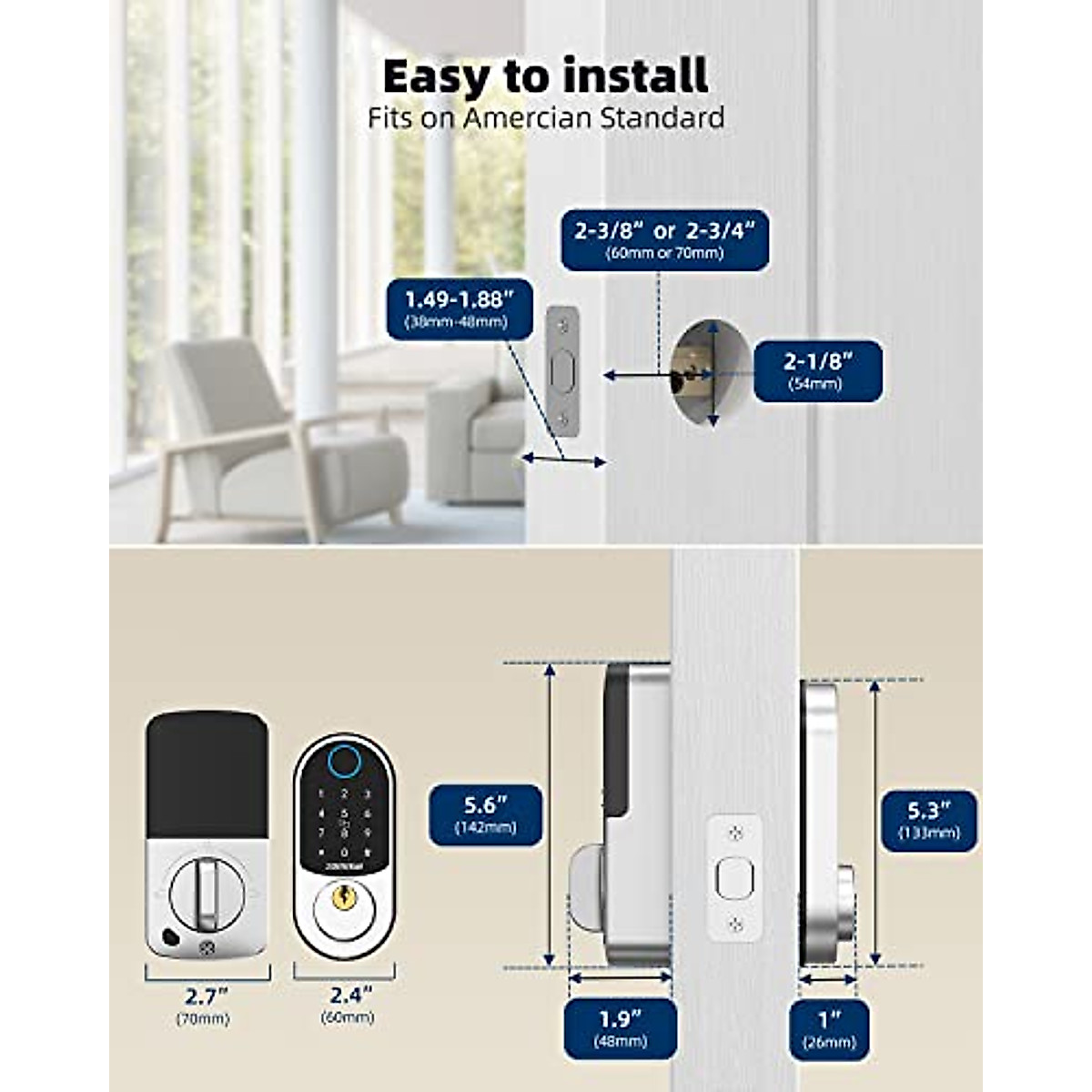 Keyless Entry Door Lock, Zomnua Fingerprint Smart Front Door Locks with Keypads, Smart Digital Biometric Electric Deadbolt Lock with Auto Lock, Fob, Code, Touchscreen,Silver