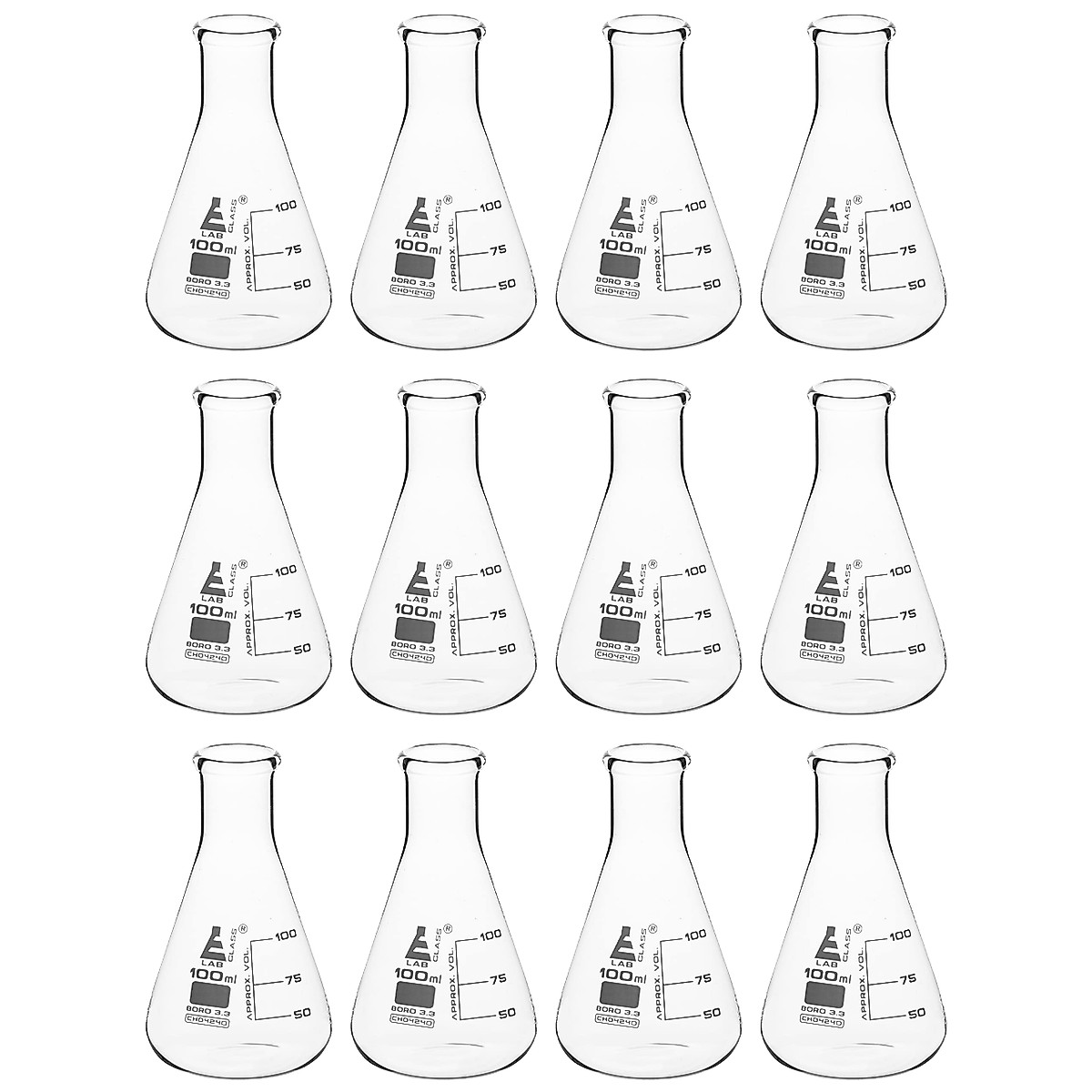 EISCO 12PK Erlenmeyer Flasks, 100mL - Borosilicate Glass - Narrow Neck Flasks, Conical Flasks, Glass Flasks