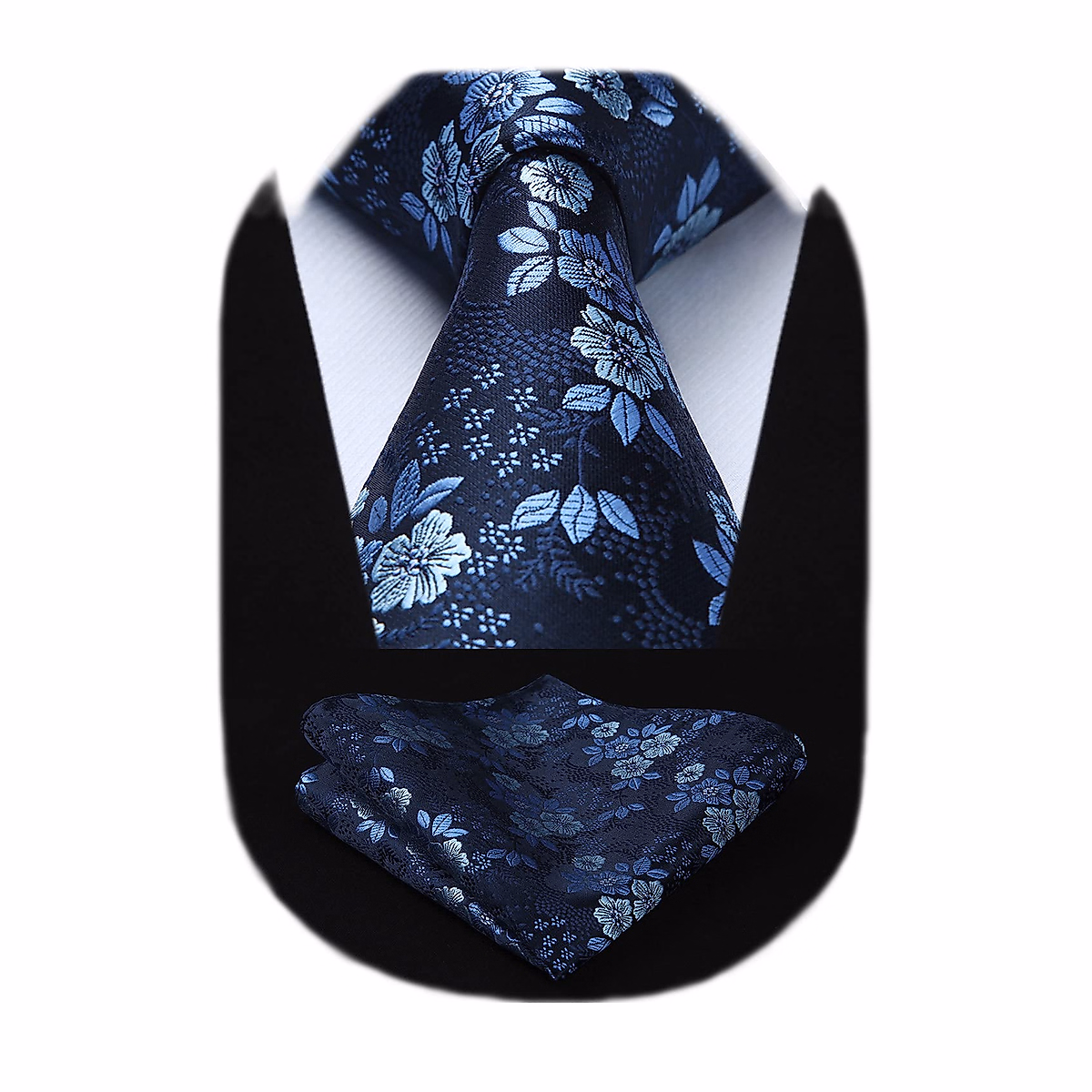 HISDERN Extra Long Floral Paislry Tie Handkerchief Men's Necktie & Pocket Square Set,Blue,2XL, 70 inches length