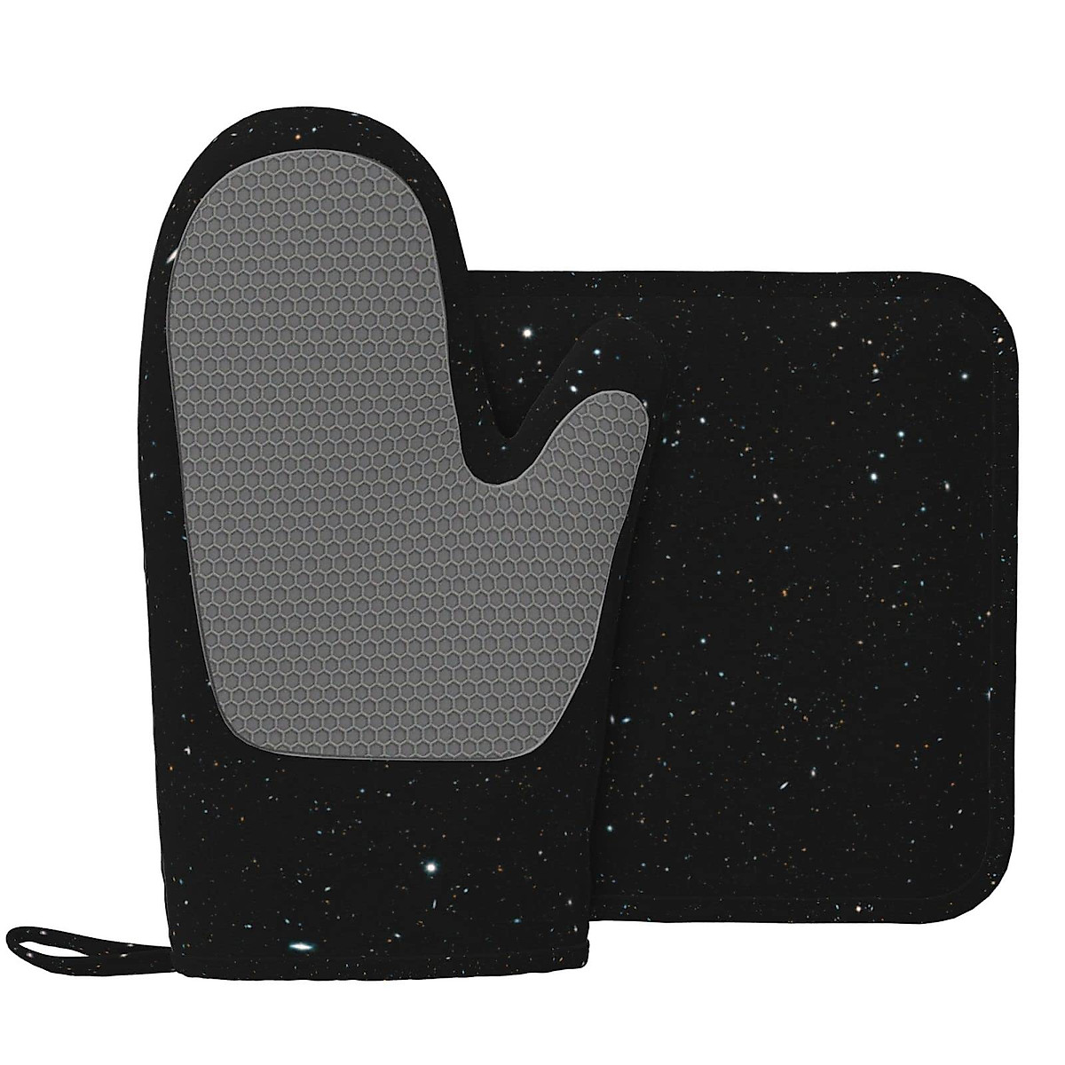 Black Glitter Silicone Oven Mitts Pot Holder Sets 2pcs Cute Design Washable Non Slip Kitchen Heat Resistant Mat Women's Cooking Gloves for Baking and BBQ Wear