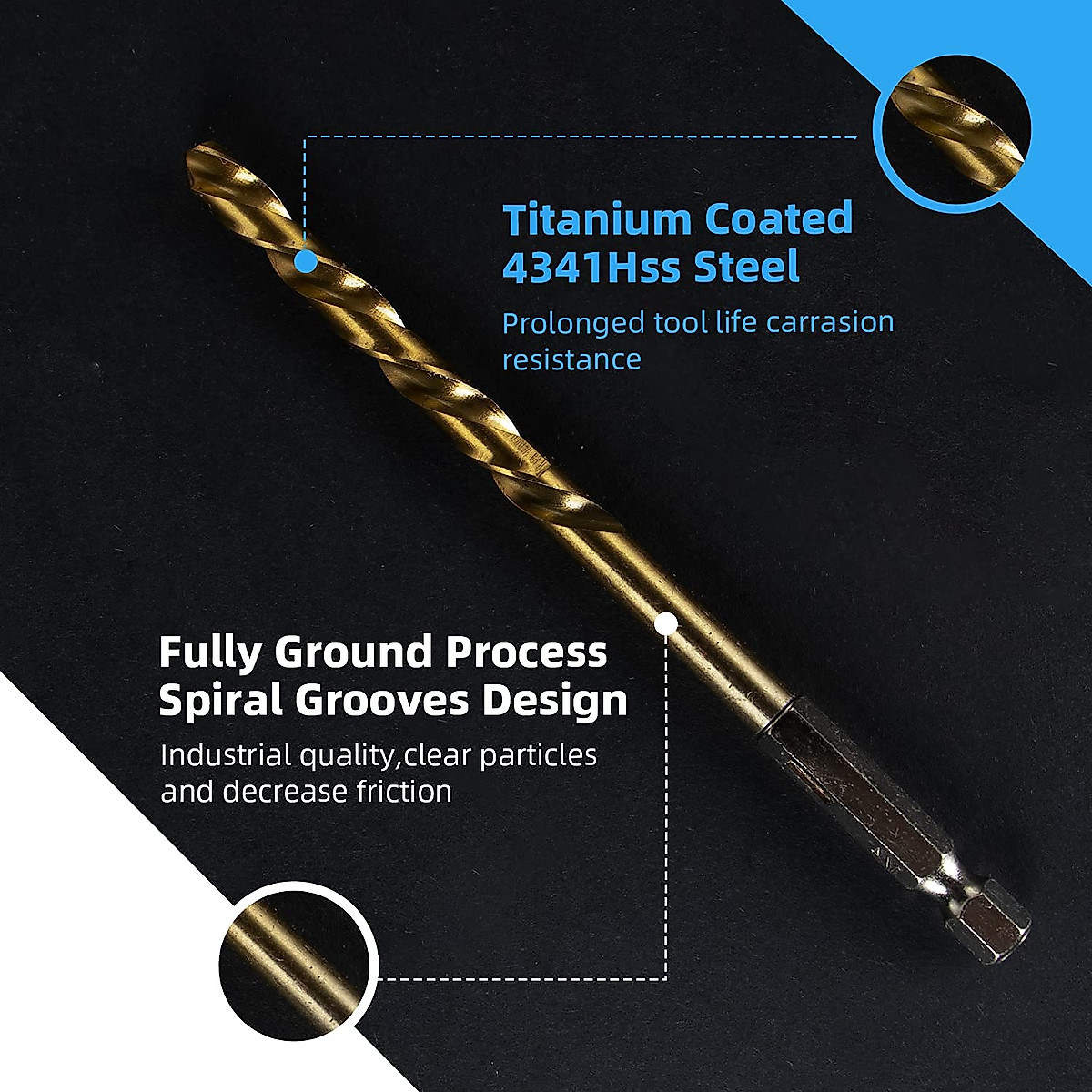 amoolo Hex Shank Drill Bit Set Combo 16Pcs (1/16"-1/4") + 10Pcs 1/8", Premium 4341 HSS Titanium Quick Change Impact Hex Drill Bits for Wood, Steel, Metal, Plastic
