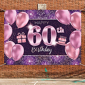 PAKBOOM Happy 60th Birthday Banner Backdrop - 60 Birthday Party Decorations Supplies for Women - Pink Purple Gold 4 x 6ft