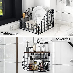 Mefirt Fruit Basket, Enlarged 2-Tier Kitchen Organization Wire Basket with Wood Lid, Stackable Wall-mounted & Countertop Tiered Storage Baskets for Potato Storage, Onion Storage, Snack Onganizer etc