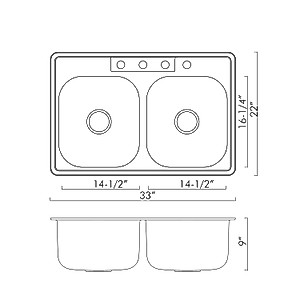 DAX Stainless Steel 50/50 Double Bowl Top Mount Kitchen Sink, Brushed Stainless Steel