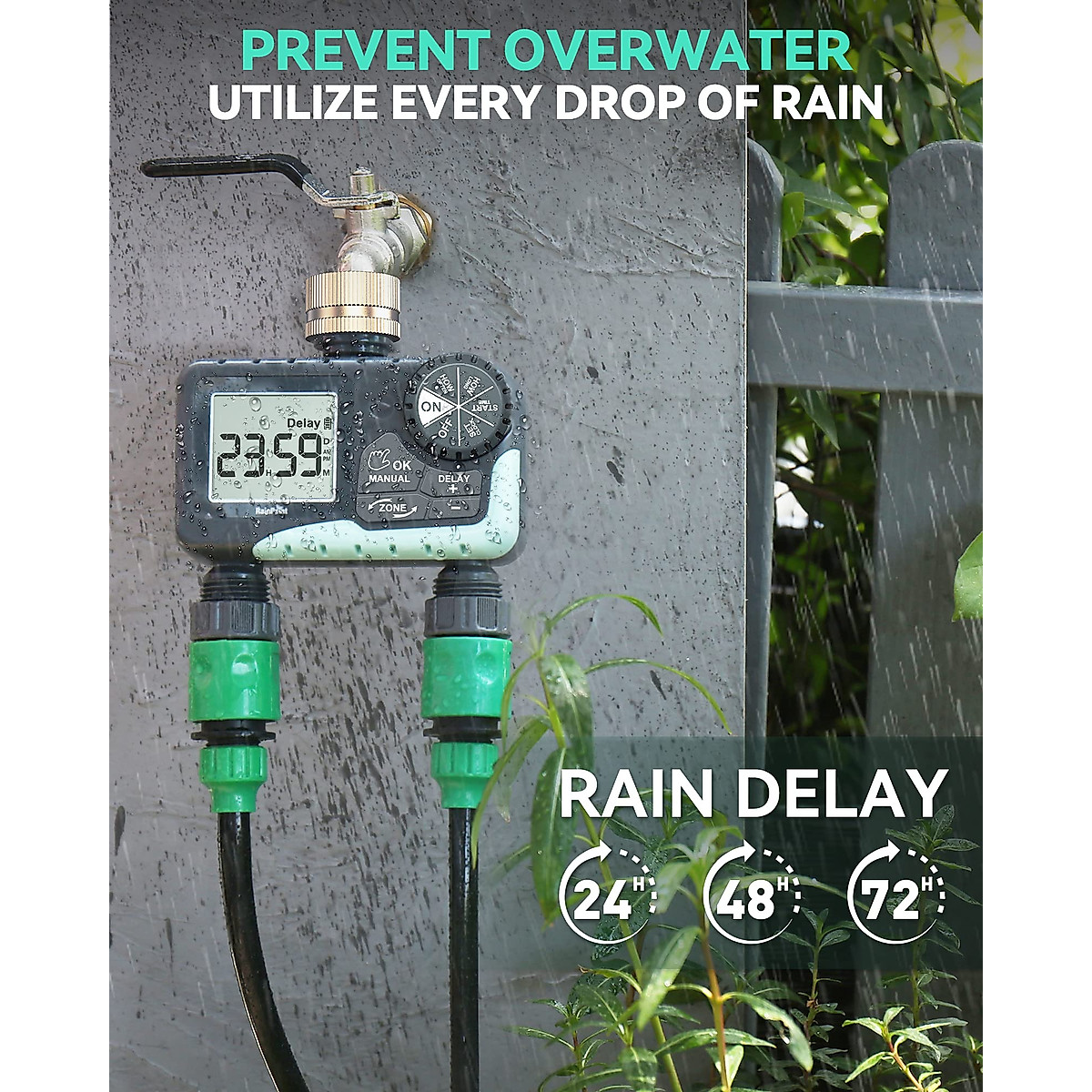 RAINPOINT Water Timer for Garden Hose - Sprinkler Timer with Brass Swivel - Rain Delay/Manual Watering/Automatic Irrigation Controller System Hose Timer Programmable Faucet Timer for Yard, 2 Outlet