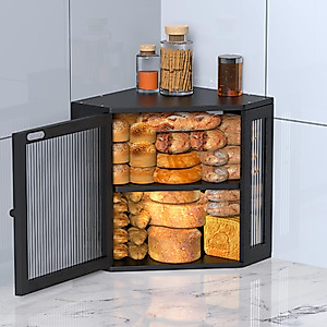 Corner Bread Box Extra Large Bamboo Wood Bread Box for Kitchen Countertop - Double Bread Container with Adjustable Height - Modern Black Easy To Assemble