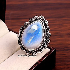 Queen look rainbow moonstone Bohemian gemstone ring 925 sterling silver ring band Women silver jewelry (9)