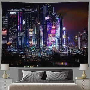 Ine Ive City Night View Tapestry, Neon Urban Building River View Art Tapestry Wall Hanging 80x60 Inch Living Room Dorm Decoration Aesthetic Tapestry GTZFIE1197