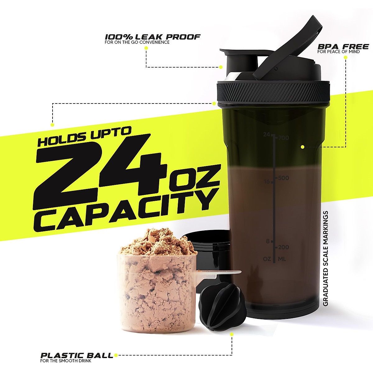 Utopia Home 2-Pack Shaker Bottle - 24 Ounce Protein Shaker Bottle for Pre & Post workout drinks - Classic Protein Mixer Shaker Bottle with Twist and Lock Protein Box Storage(All Black & Clear/Black)