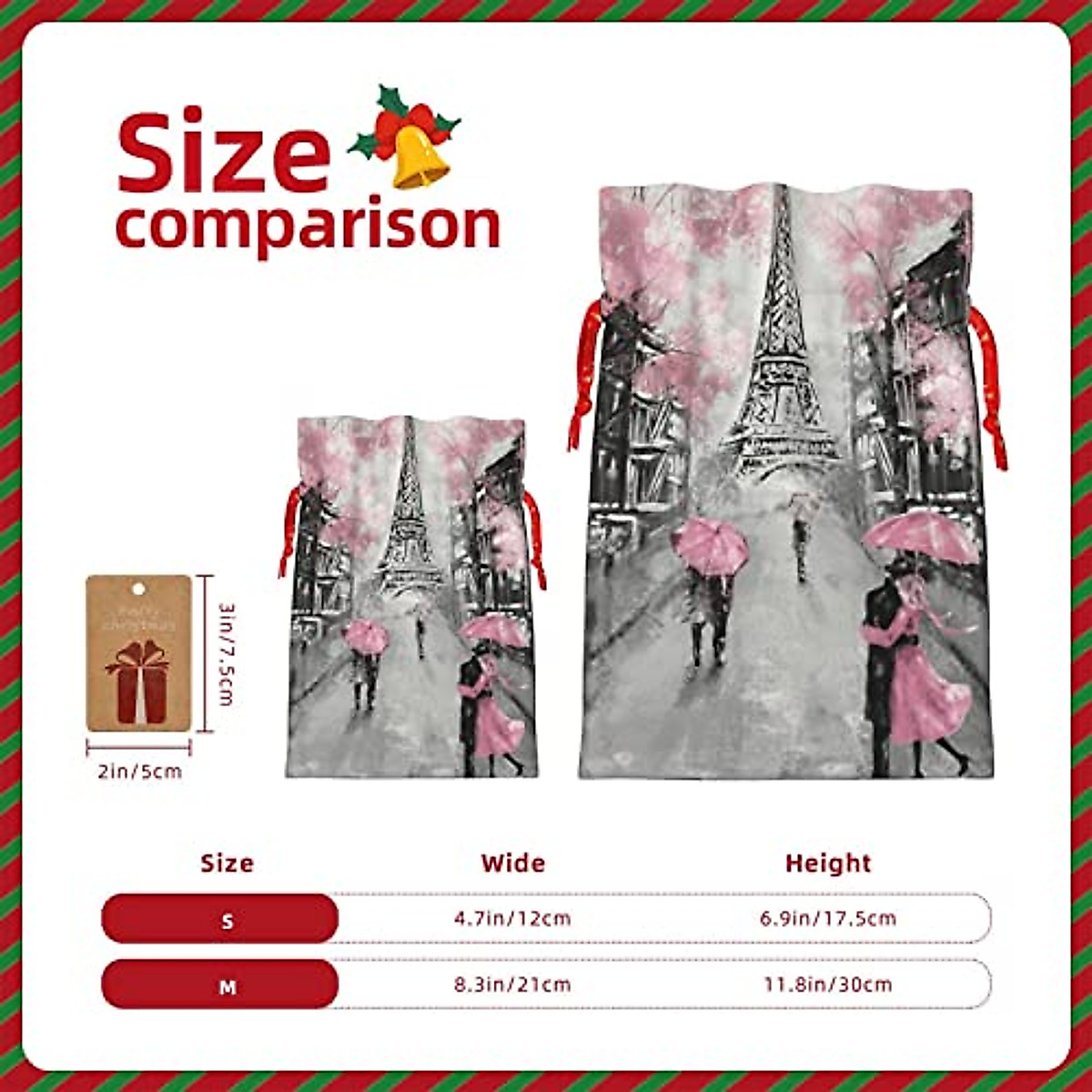 Paris Street Eiffel Tower Pink Floralchristmas Drawstring Gift Bag, Linen Drawstring Gift Bag, Reusable Drawstring Gift Bag, Used For Christmas, Birthday, Wedding Supplies