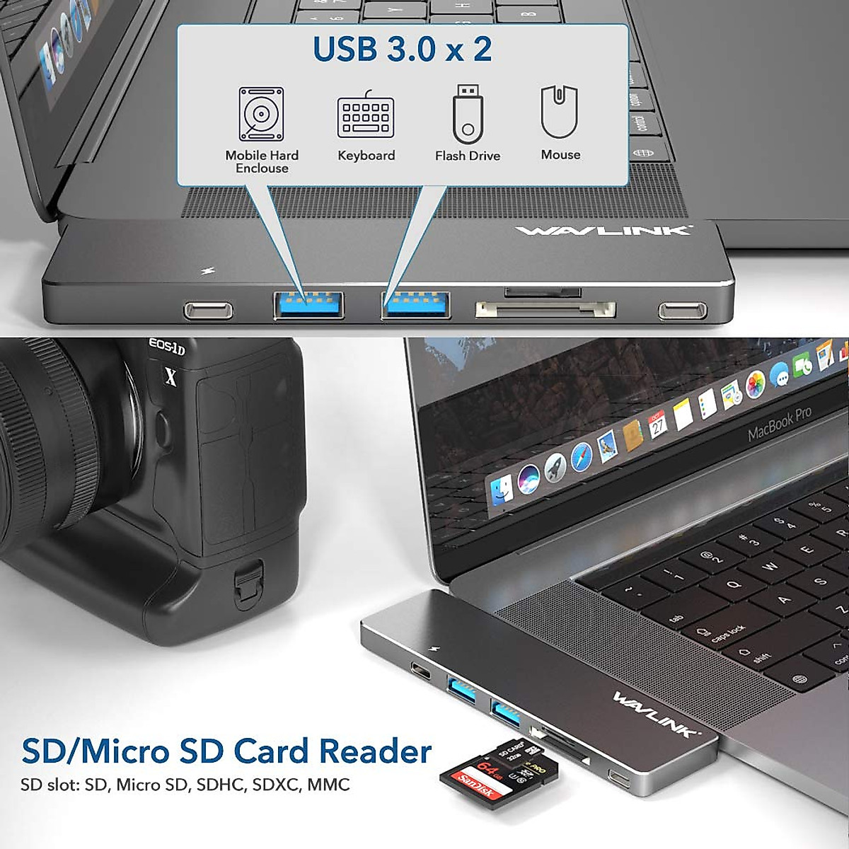 USB C Hub Adapter for MacBook Pro 2016/2017,Wavlink MacBook Air USB Adapter with 40Gbps Thunderbolt 3 Port (5K@60Hz), 100W PD, 4K HDMI, SD/Micro Card Reader,USB-C and 2 USB 3.0