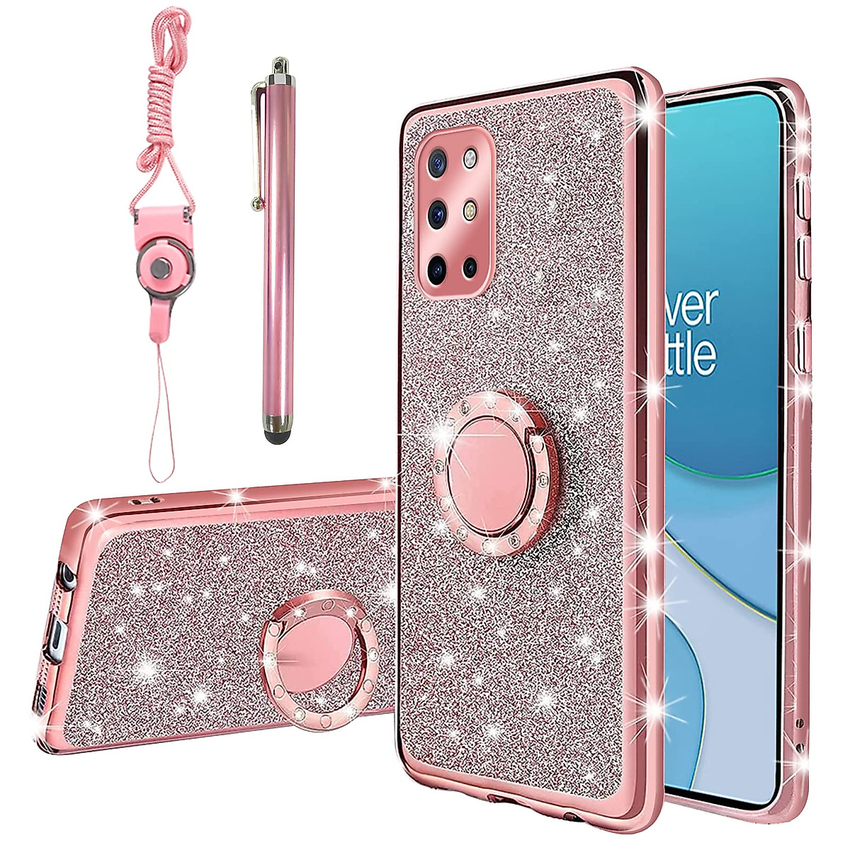 KuDiNi Oneplus 8T Case, Glitter Rose Crystal Soft Clear TPU Protective Cover with Kickstand for Oneplus 8T (2020)