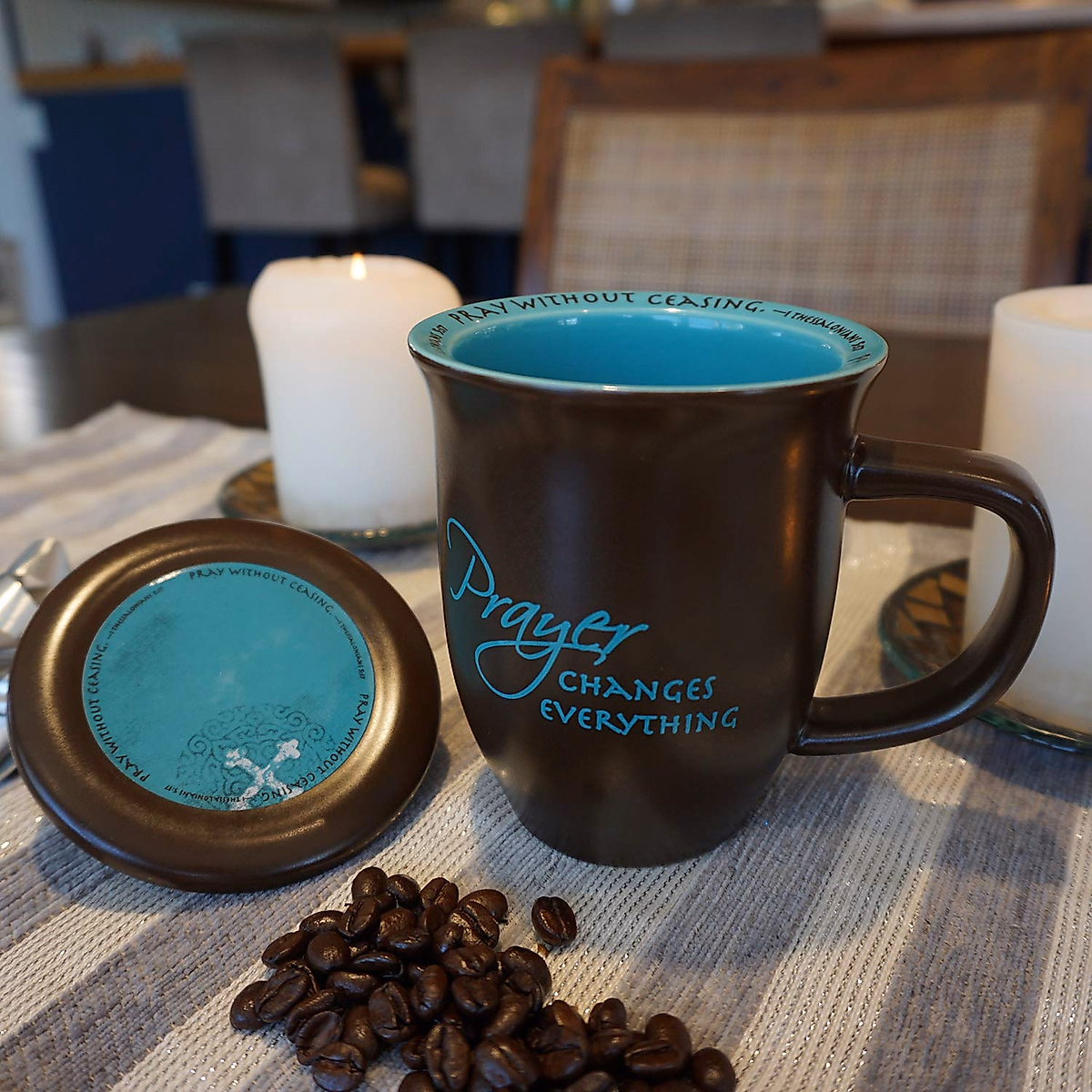 Abbey Gift Prayer Changes Everything Coaster Brown and Blue, 1 Count, Dishwasher Safe Mugs For Coffee and Tea, Includes Bible Verse, "4 x 4.38""" (52892),14 ounce