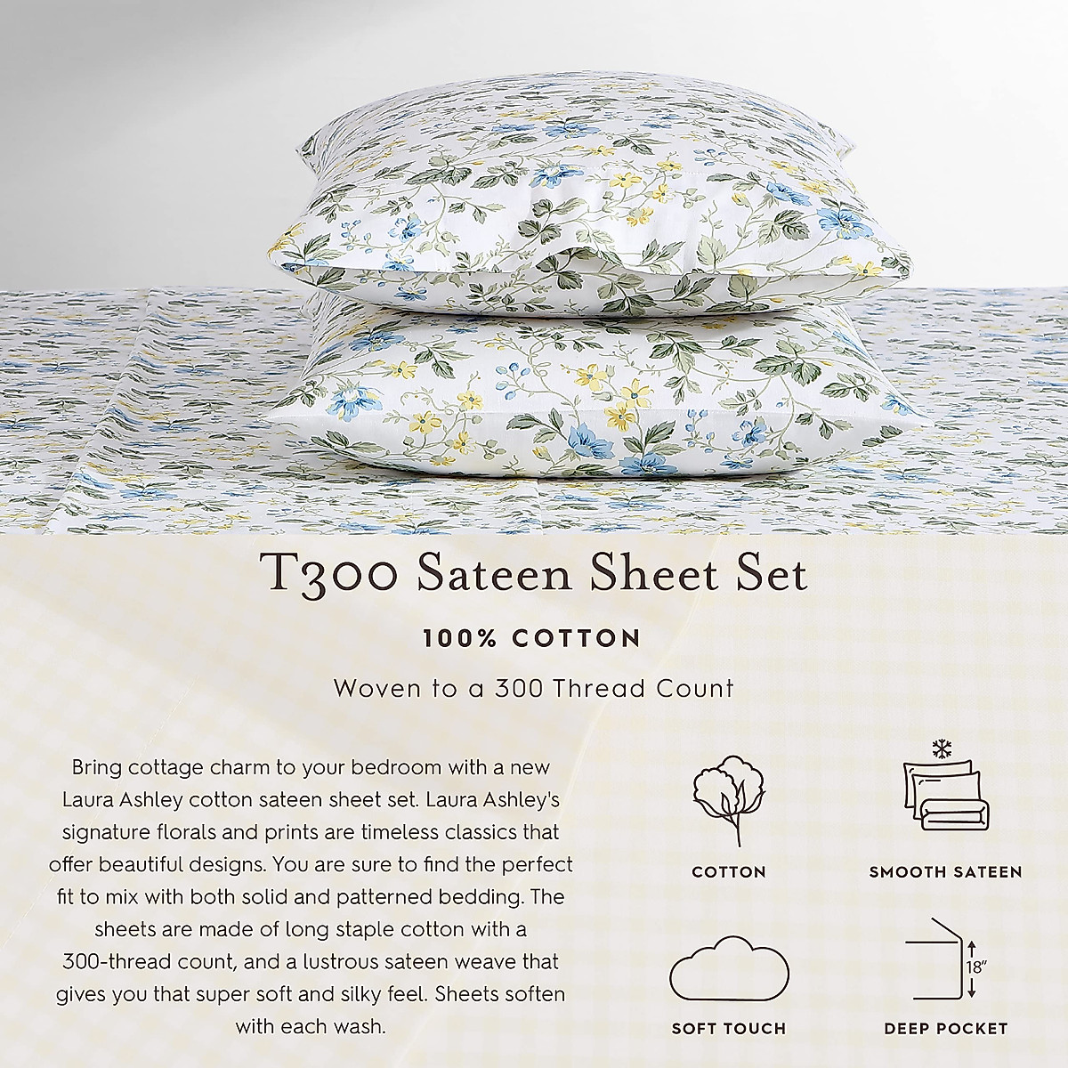 Laura Ashley Home - King Sheets, Soft Sateen Cotton Bedding Set - Sleek, Smooth, & Breathable Home Decor (Garden Palace Blue, 4 pieces,King)