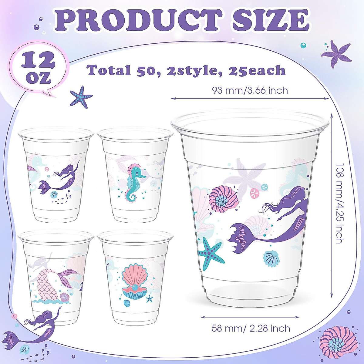 Yaomiao 50 Pieces Mermaid Party Cups Bulk 12 Oz Disposable Plastic Under the Sea Drinking Cups Mermaid Tail Shell Starfish Beverage Cups for Ocean Mermaid Birthday Baby Shower Party Supplies (Cute)