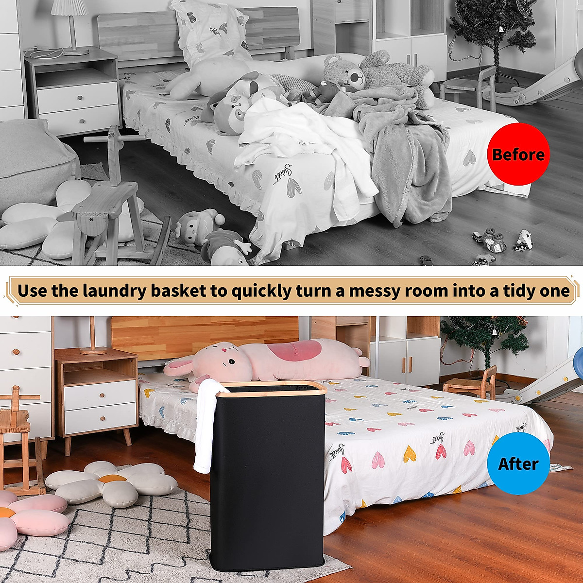 iEGrow 60L Slim Laundry Hamper with Lid,Black Hampers for Laundry,Narrow Laundry Basket with Removable Inner Bag & Bamboo Handles,Tall Thin Clothes Hamper for Clothes Toys Towels Organization