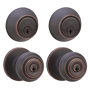 Amazon Basics Exterior Knob With Lock and Deadbolt, Classic, Oil Rubbed Bronze, Set of 2