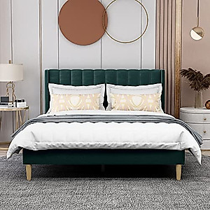 AGARTT Upholstered Platform Bed Frame Queen Size with Headboard and Footboard/Wooden Slats Support/No Box Spring Needed/Easy Assembly,Ink Green Velvet
