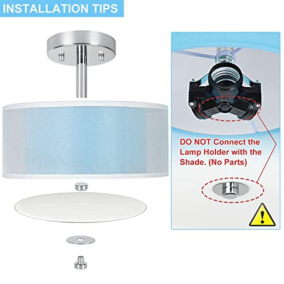 DLLT 3-Light Semi Flush Mount Ceiling Light Fixture, 15'' Blue Drum Light Ceiling Hanging with Double Fabric Shade, Modern Close to Ceiling Lamp for Living Room Bedroom Kitchen Dining Room Entry Foyer