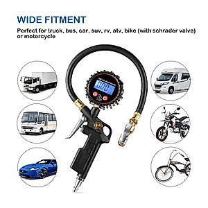 CZC AUTO Digital Tire Inflator Pressure Gauge, LED Display Tyre Deflator Gage with Straight Brass Lock-on Chuck Rubber Hose, Compatible with Air Pump Compressor for Truck Bus RV Car Motorcycle Bike